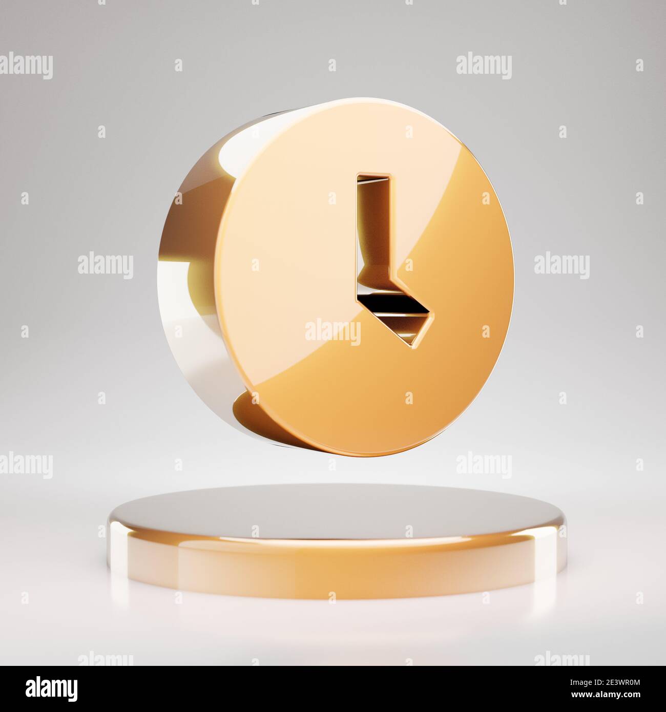 Clock icon. Yellow Gold Clock symbol on golden podium. 3D rendered ...
