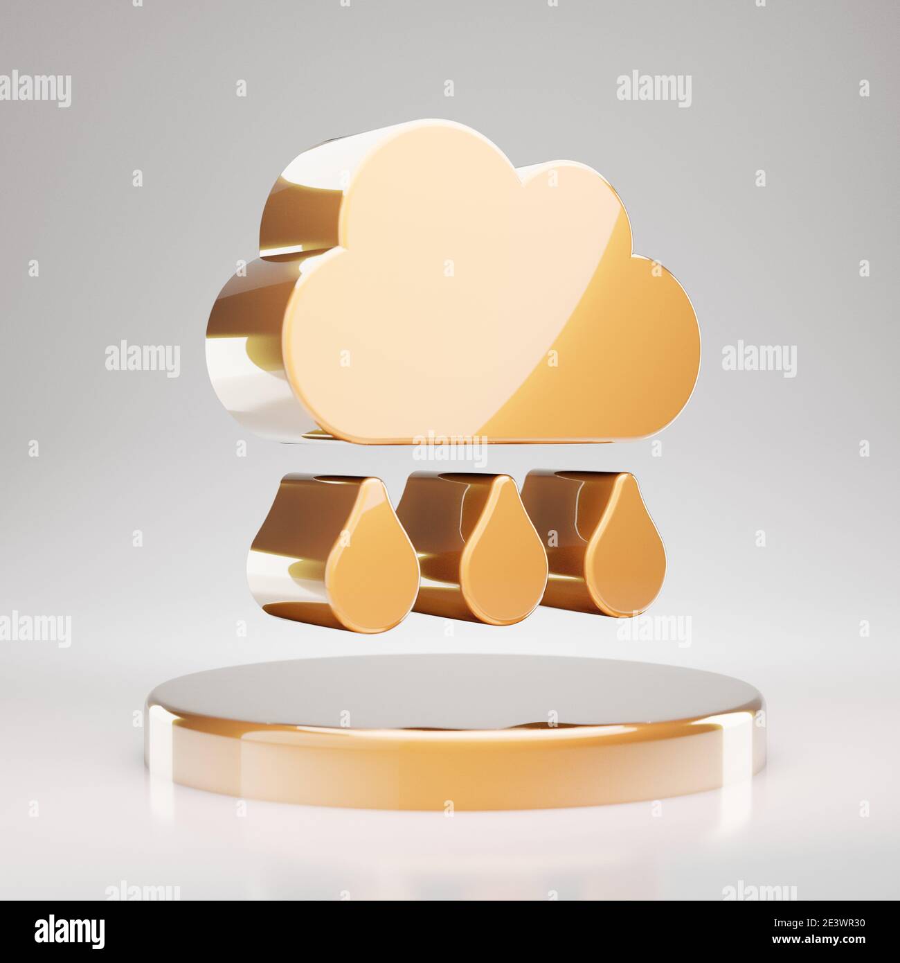 Cloud Rain icon. Yellow Gold Cloud Rain symbol on golden podium. 3D ...