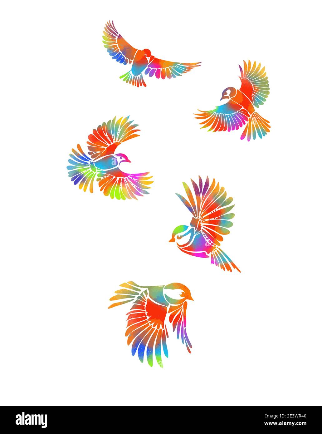 A multi-colored flying decorative birds. Set of rainbow stylized birds ...
