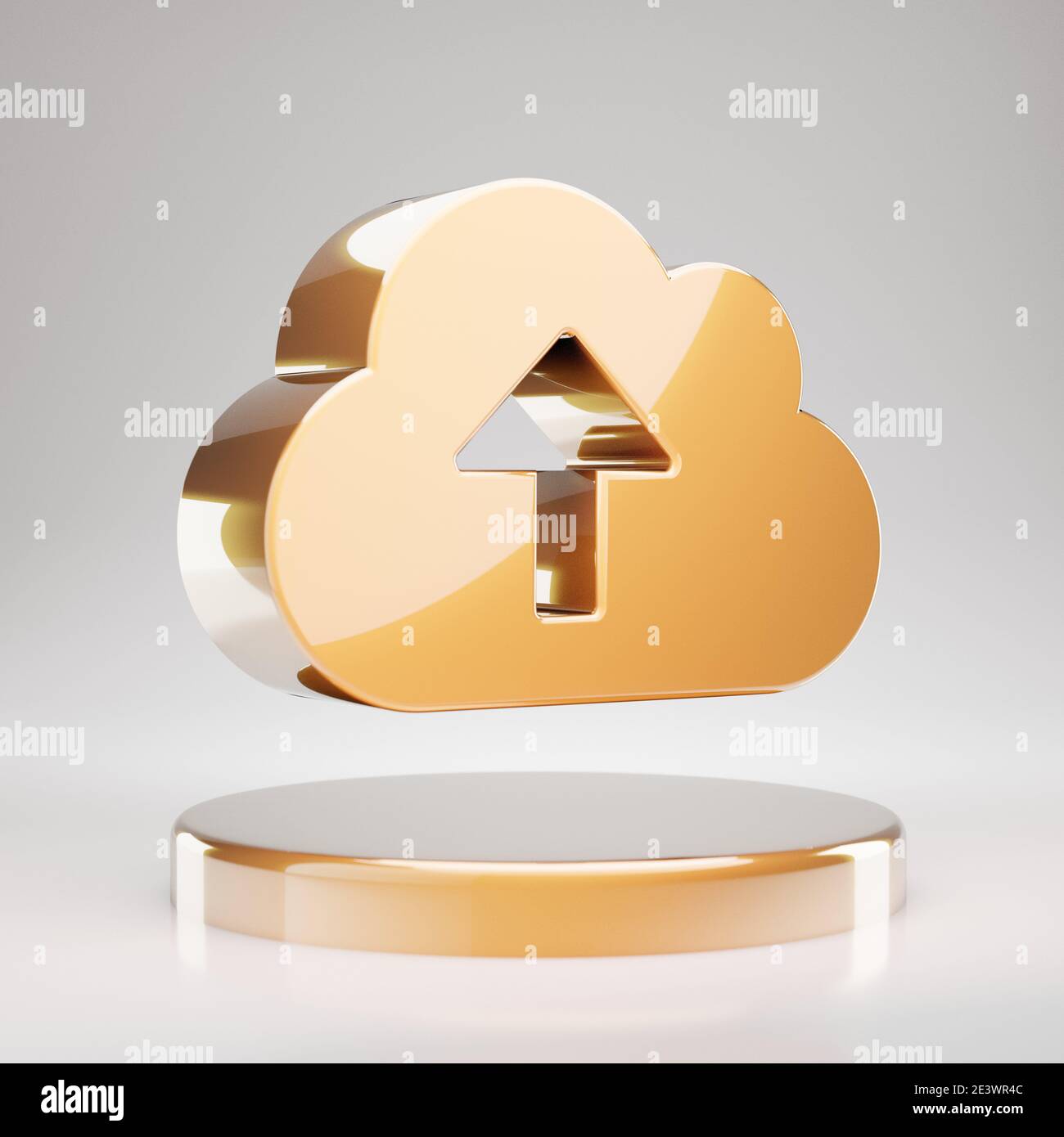 Cloud Upload icon. Yellow Gold Cloud Upload symbol on golden podium. 3D ...