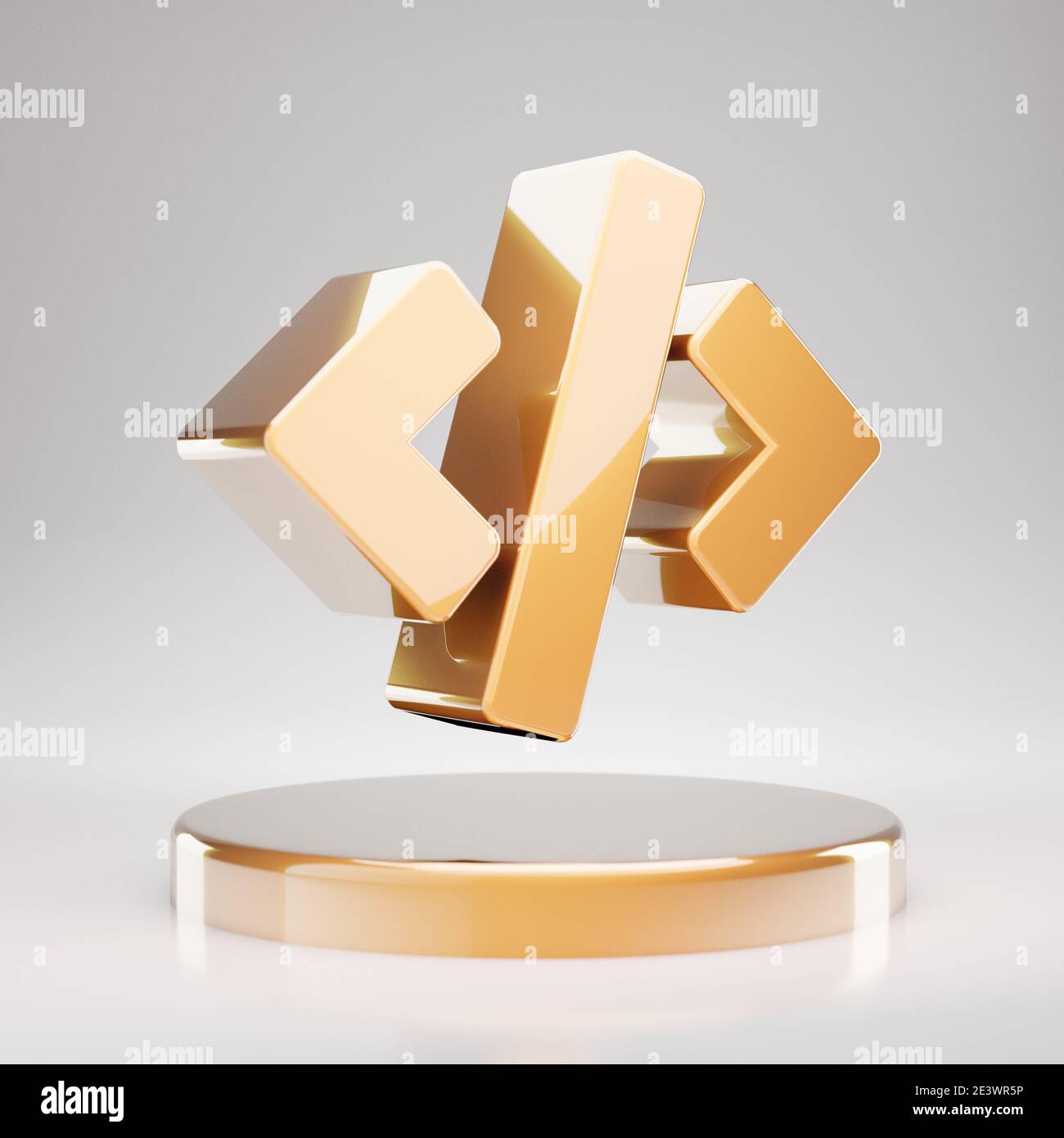 Code icon. Yellow Gold Code symbol on golden podium. 3D rendered Social ...