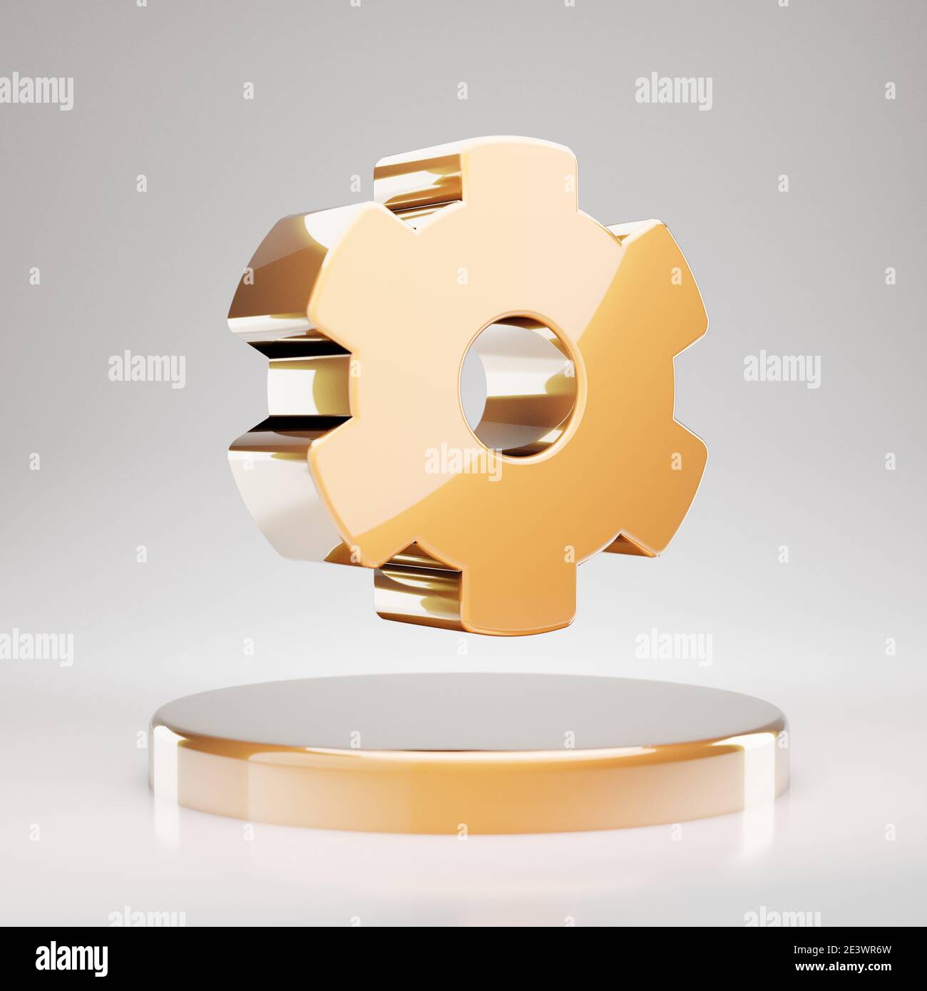 Cog Wheel icon. Yellow Gold Cog Wheel symbol on golden podium. 3D ...