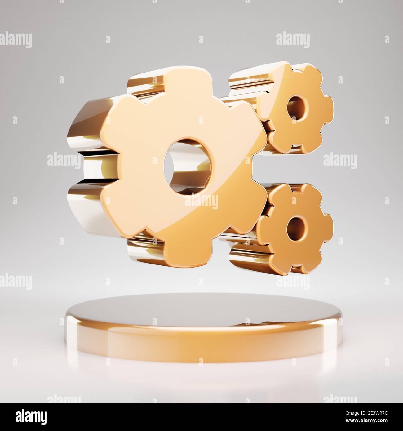 Cog Wheels icon. Yellow Gold Cog Wheels symbol on golden podium. 3D ...