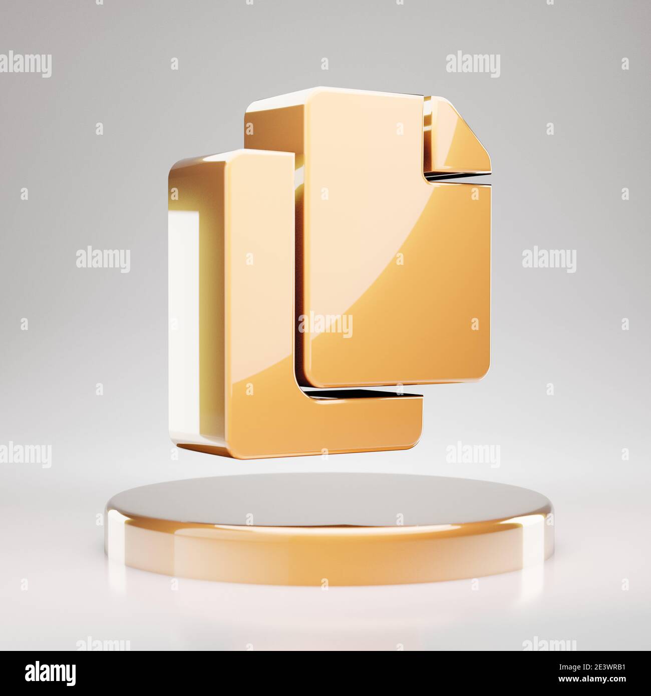 Copy icon. Yellow Gold Copy symbol on golden podium. 3D rendered Social ...
