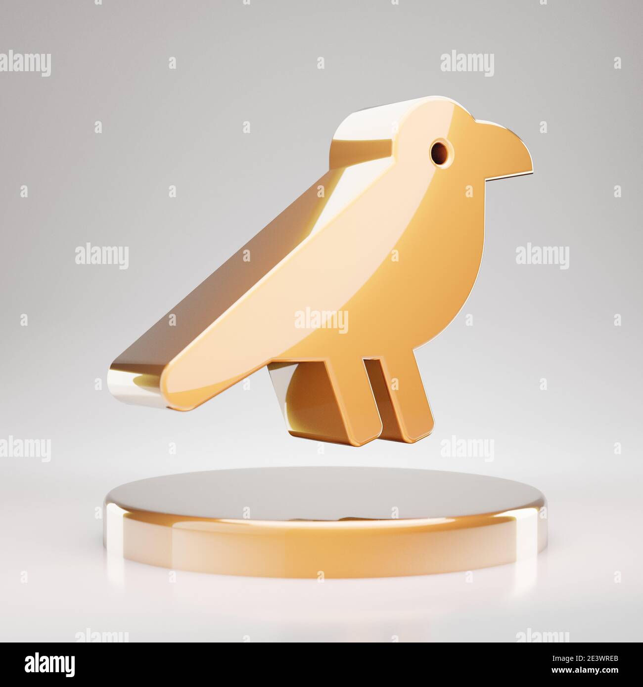 Crow icon. Yellow Gold Crow symbol on golden podium. 3D rendered Social ...