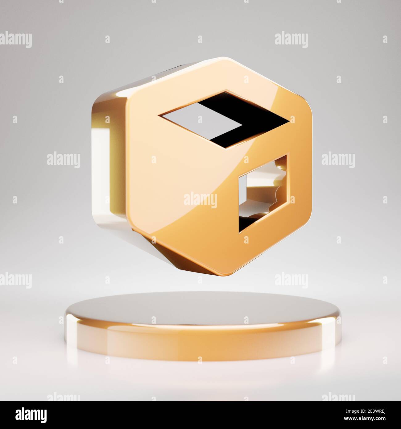 Cube icon. Yellow Gold Cube symbol on golden podium. 3D rendered Social ...