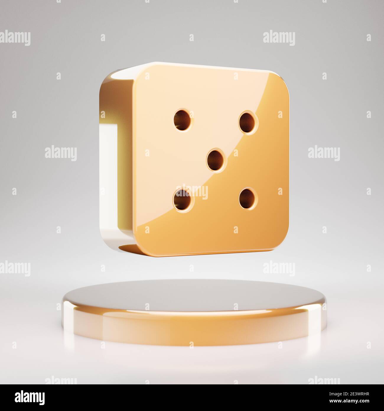 Dice Five icon. Yellow Gold Dice Five symbol on golden podium. 3D ...
