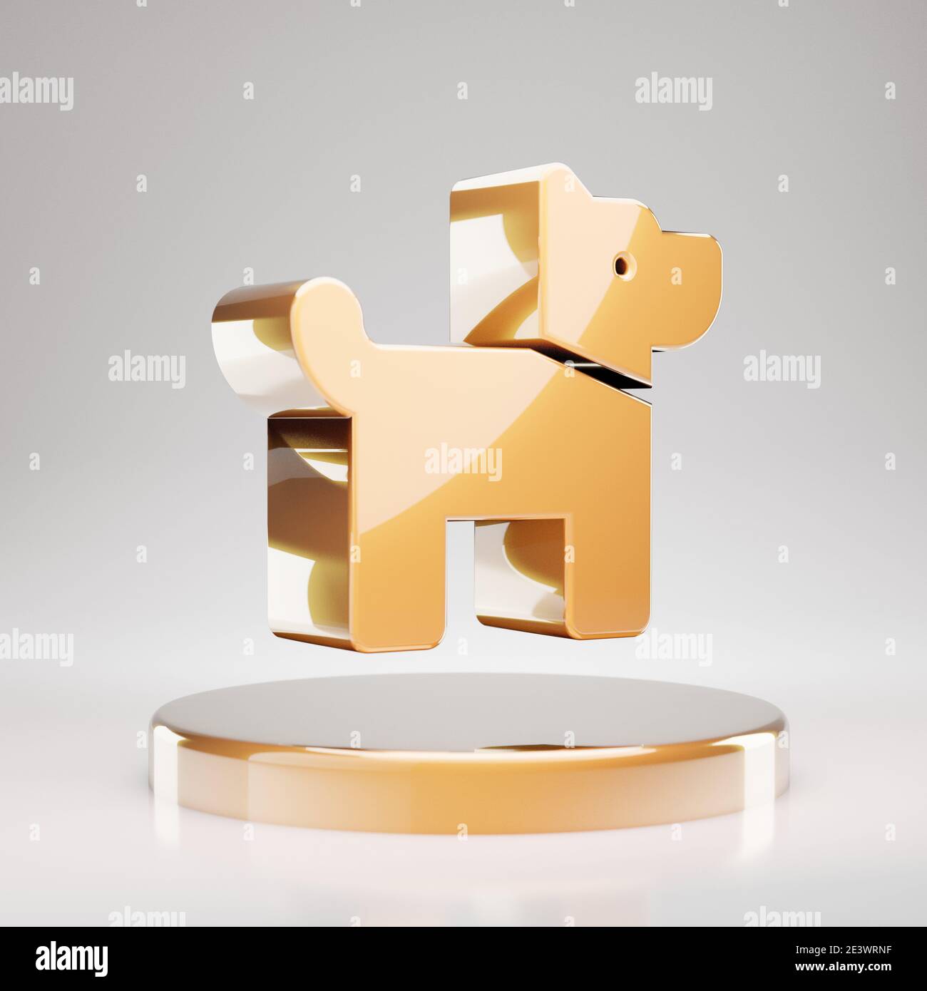 Dog icon. Yellow Gold Dog symbol on golden podium. 3D rendered Social ...