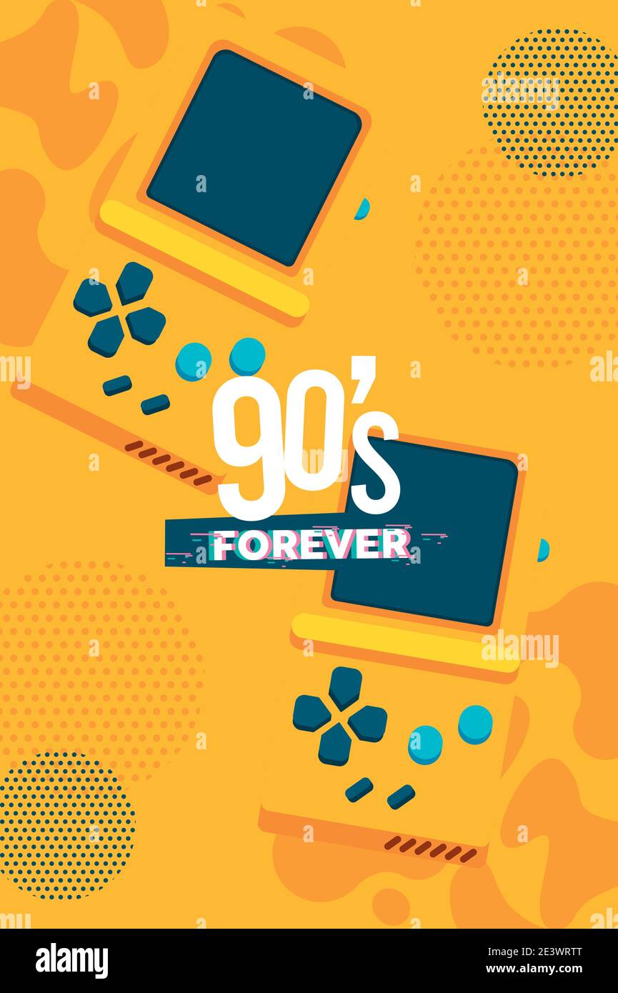 90s forever lettering with video games portables yellow background ...