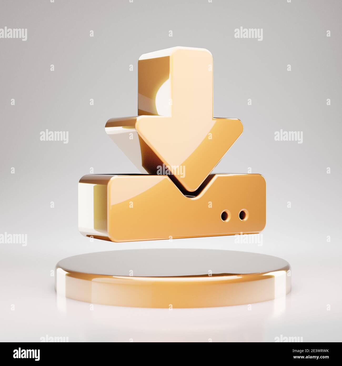Download icon. Yellow Gold Download symbol on golden podium. 3D ...