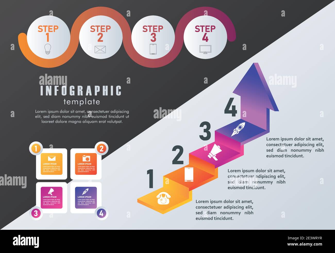 statistics infographics steps with arrows up in gray and black ...