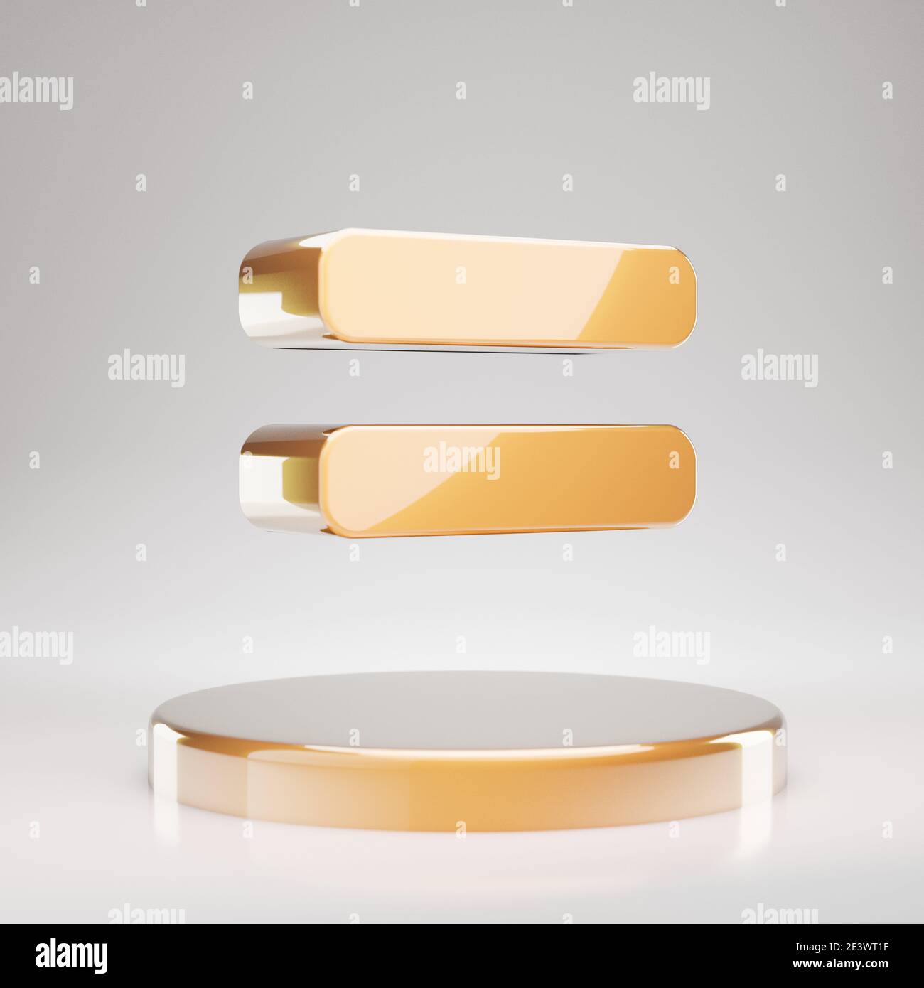 Equals icon. Yellow Gold Equals symbol on golden podium. 3D rendered ...