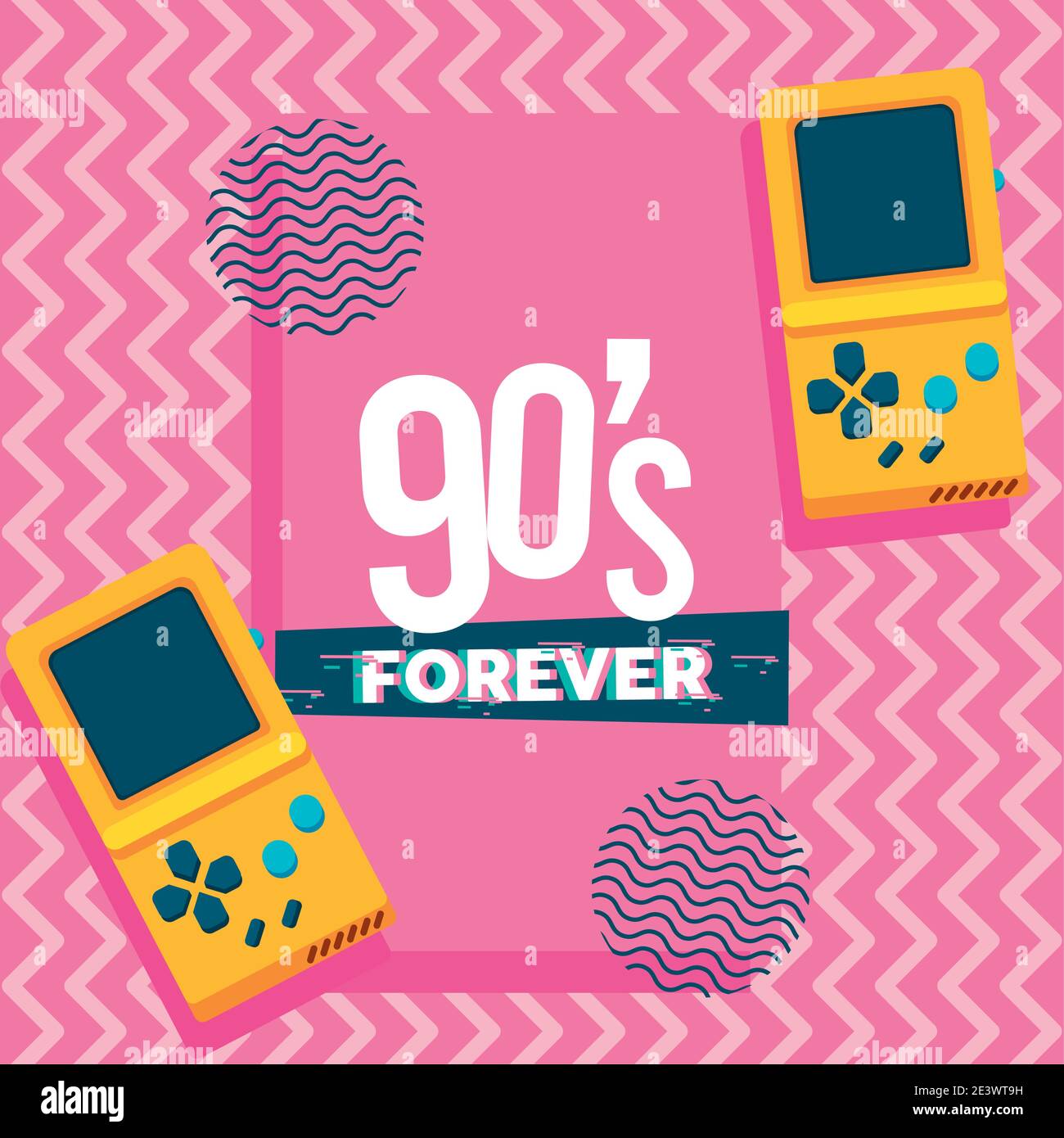 90s forever lettering with video games portables in pink background ...