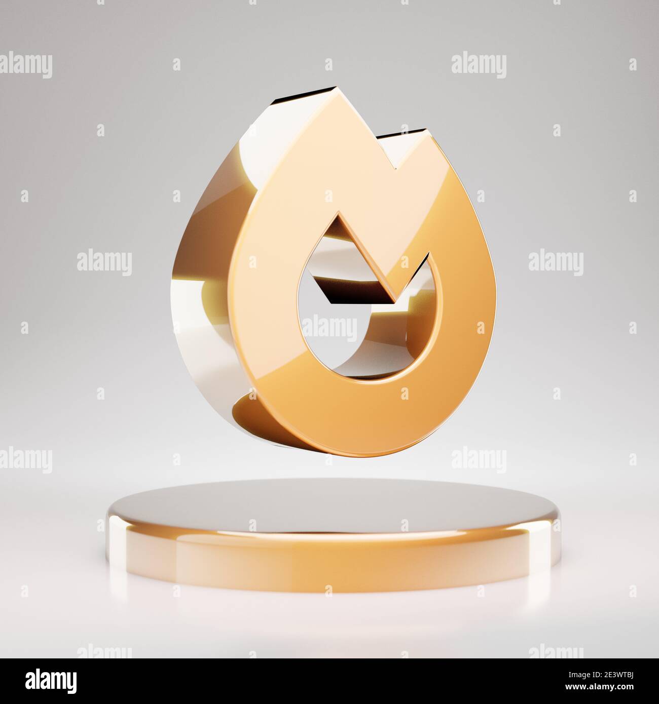Fire icon. Yellow Gold Fire symbol on golden podium. 3D rendered Social ...