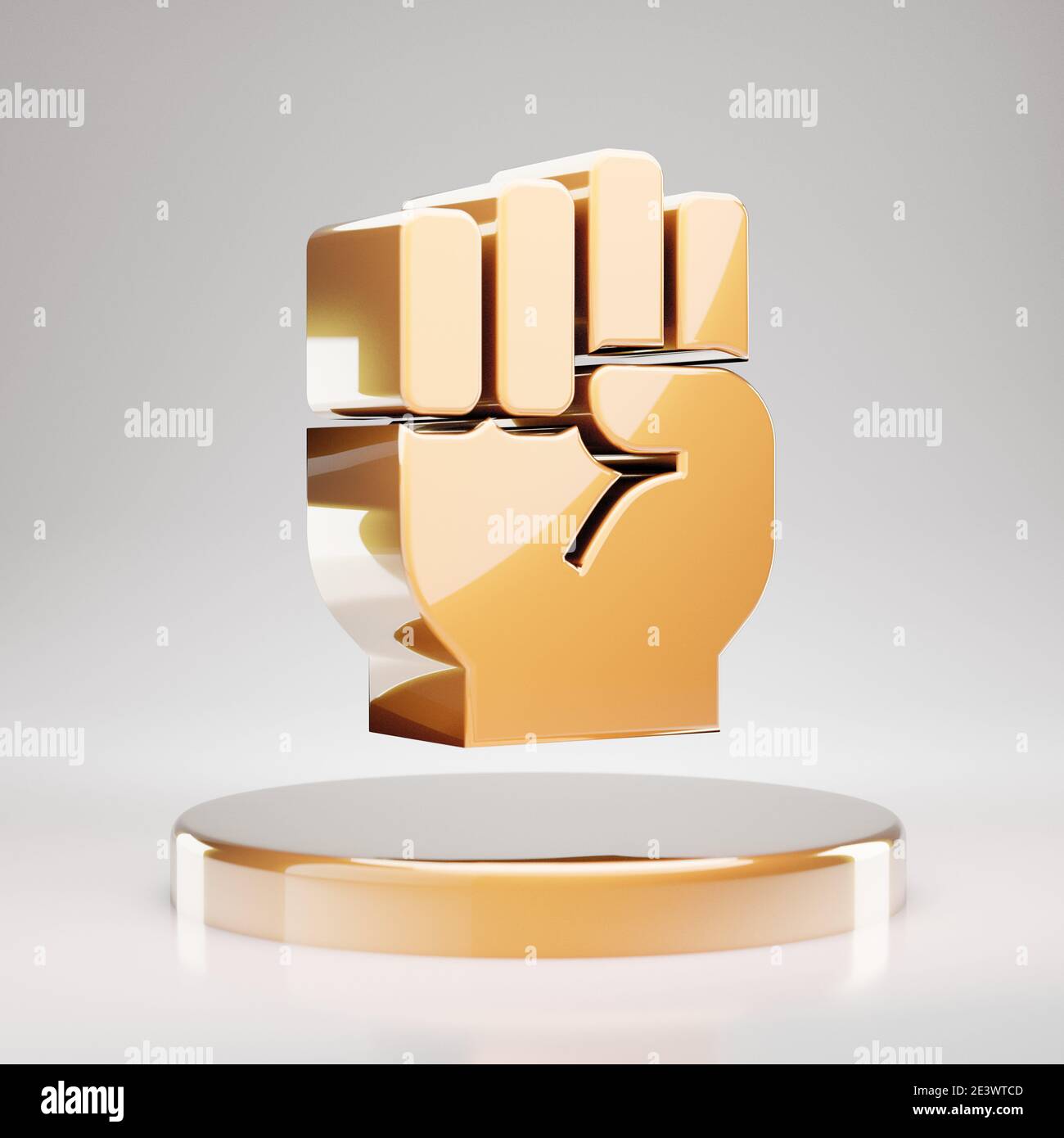 Fist icon. Yellow Gold Fist symbol on golden podium. 3D rendered Social ...