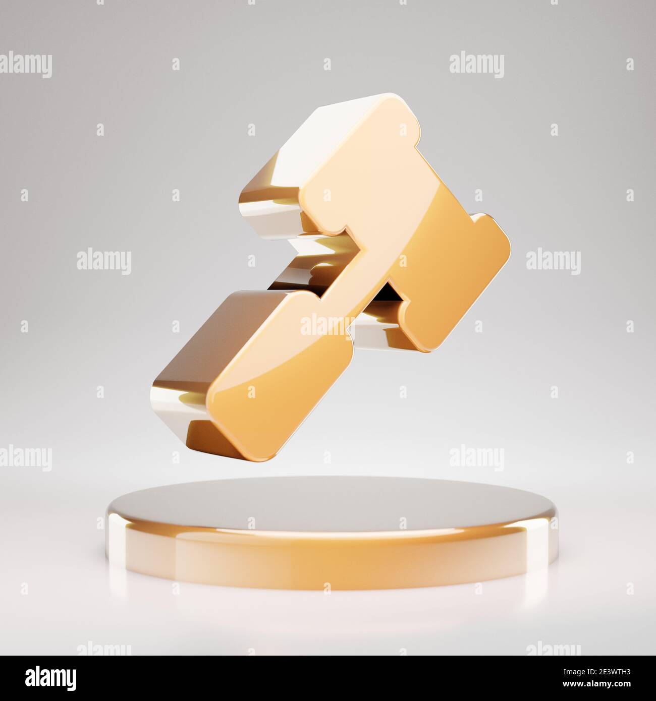 Gavel icon. Yellow Gold Gavel symbol on golden podium. 3D rendered ...