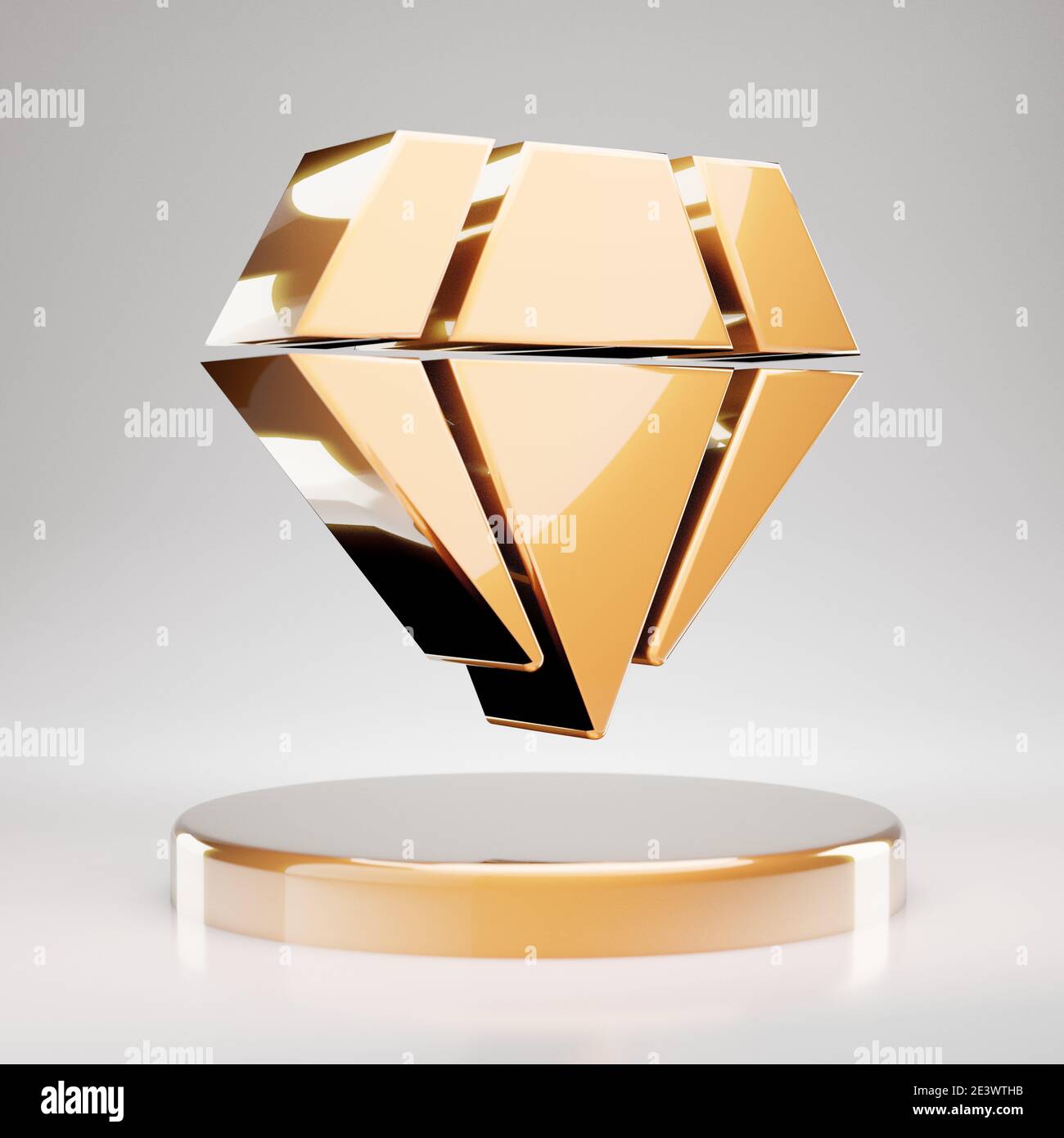 Gem icon. Yellow Gold Gem symbol on golden podium. 3D rendered Social ...