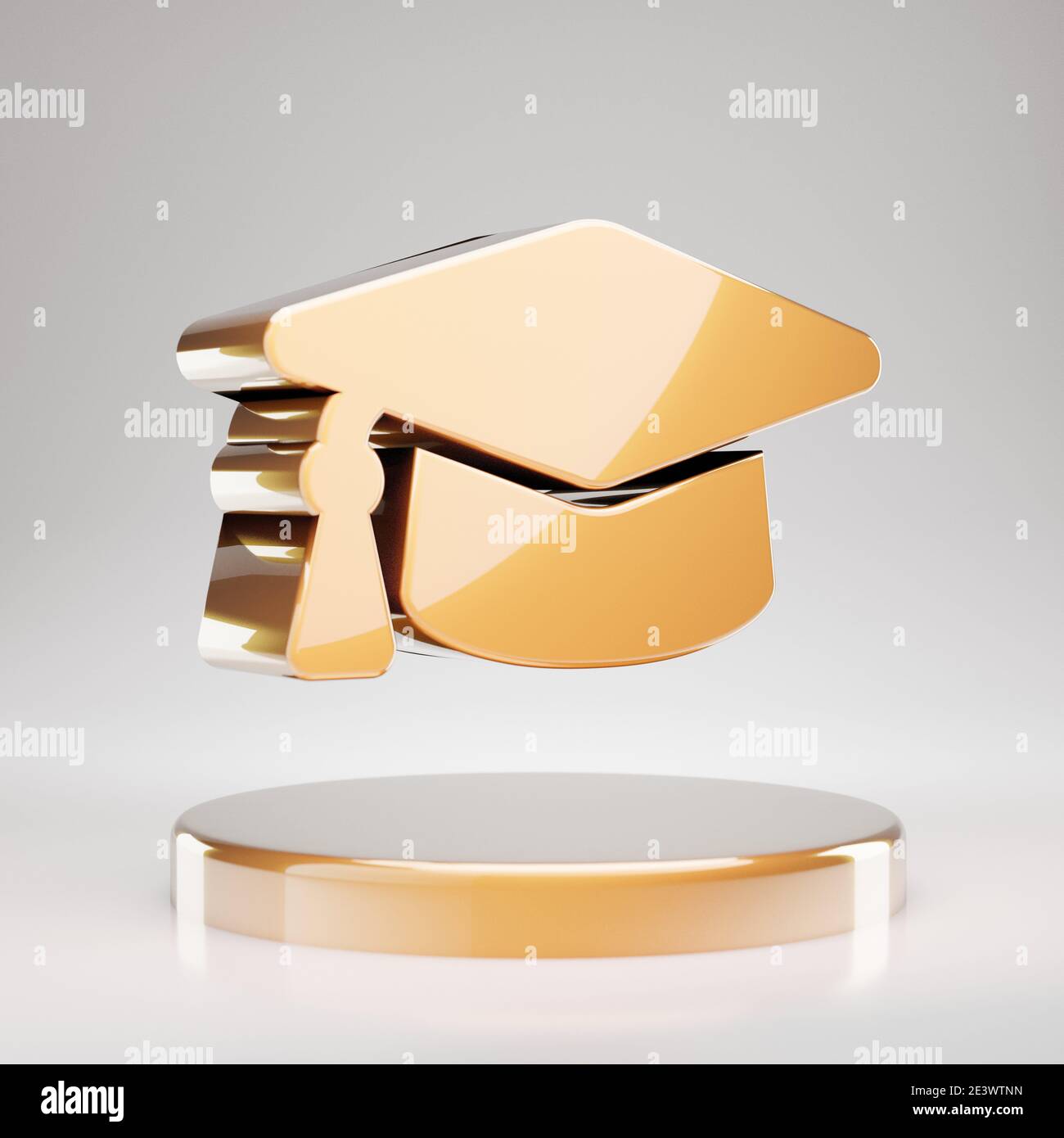 Graduation Cap icon. Yellow Gold Graduation Cap symbol on golden podium ...