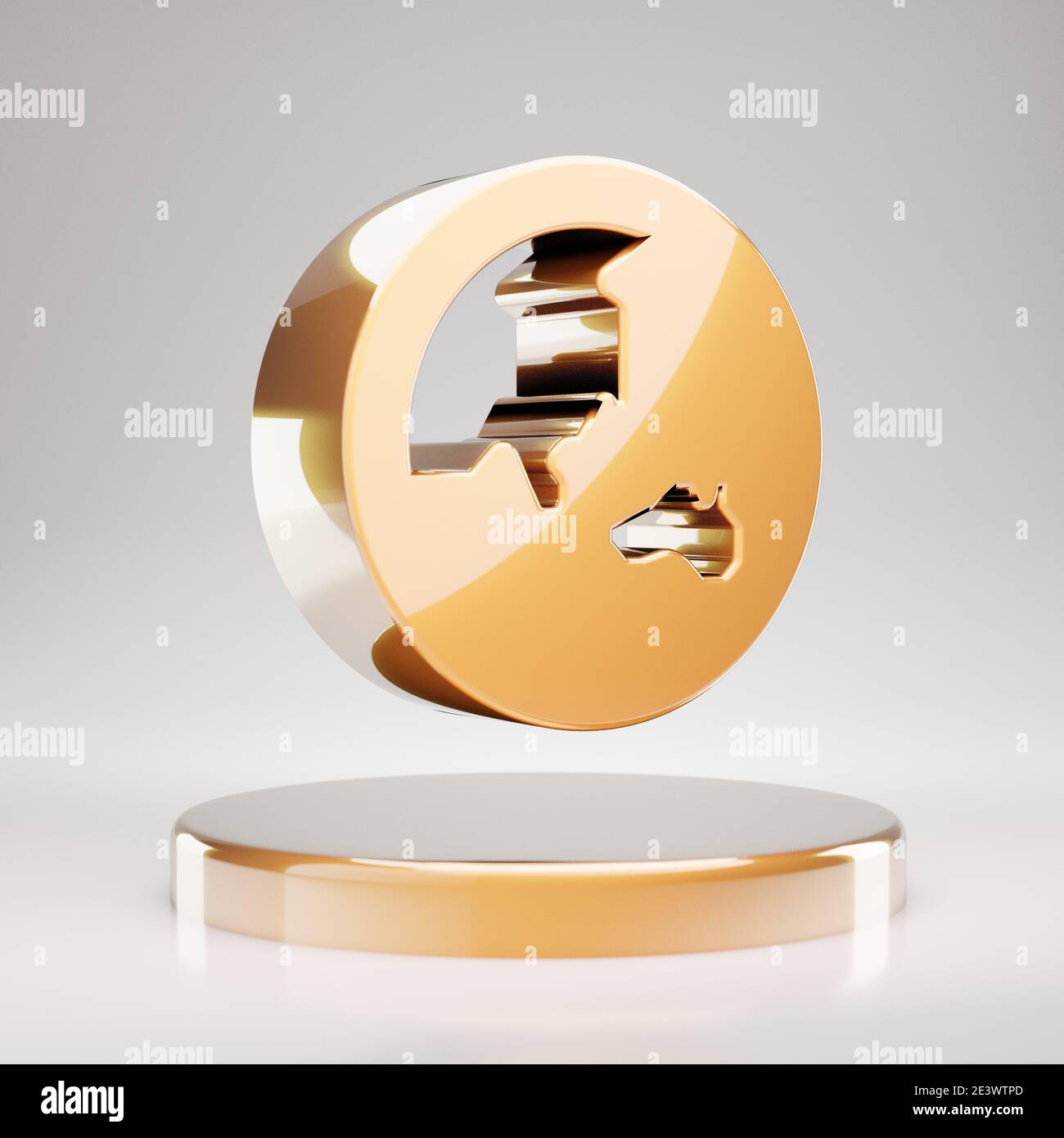 Globe Asia icon. Yellow Gold Globe Asia symbol on golden podium. 3D ...