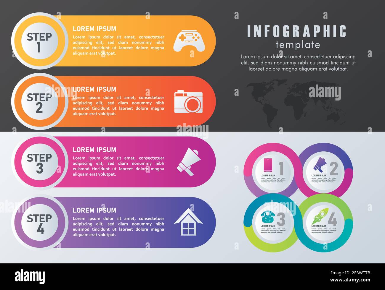 statistics infographics steps with numbers and maps in gray and black ...