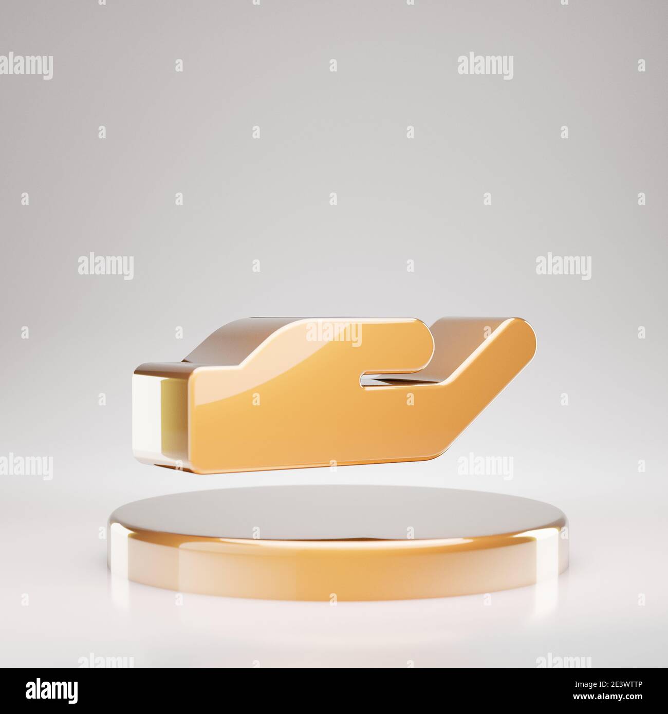 Hand Holding icon. Yellow Gold Hand Holding symbol on golden podium. 3D ...