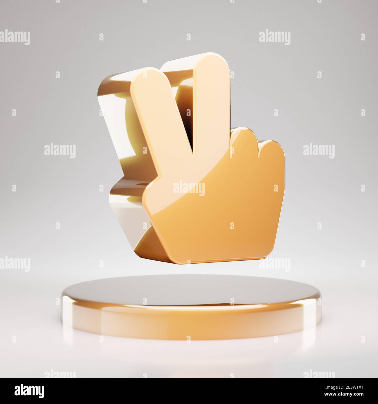 Hand Peace icon. Yellow Gold Hand Peace symbol on golden podium. 3D ...