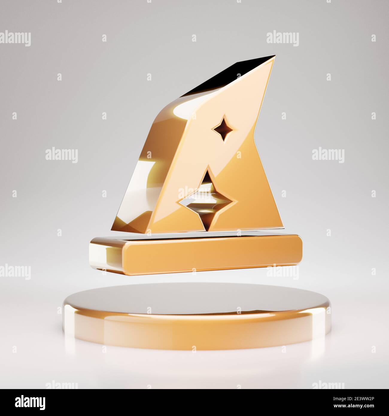 Wizard Hat icon. Yellow Gold Wizard Hat symbol on golden podium. 3D ...