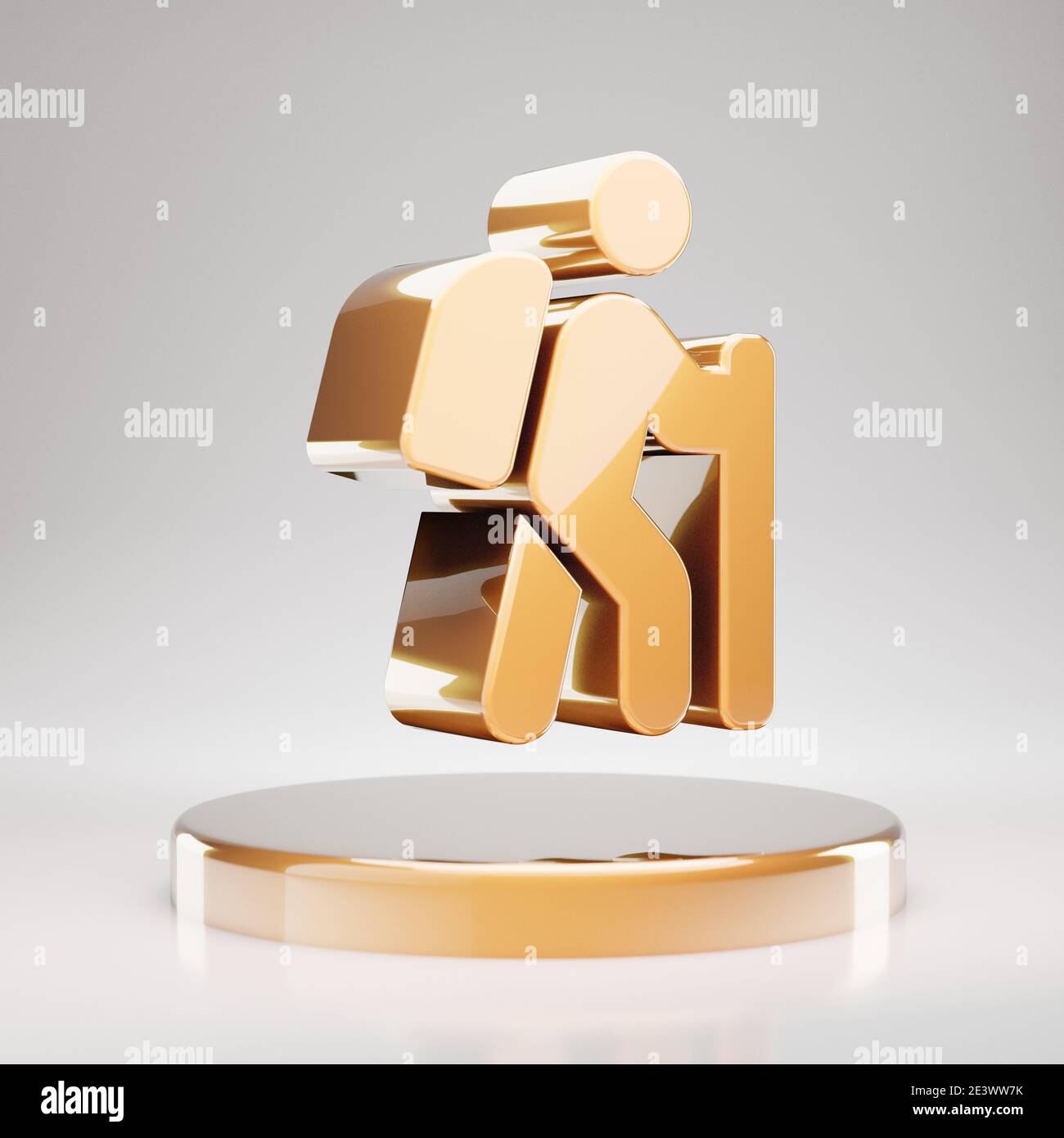 Hiking icon. Yellow Gold Hiking symbol on golden podium. 3D rendered ...
