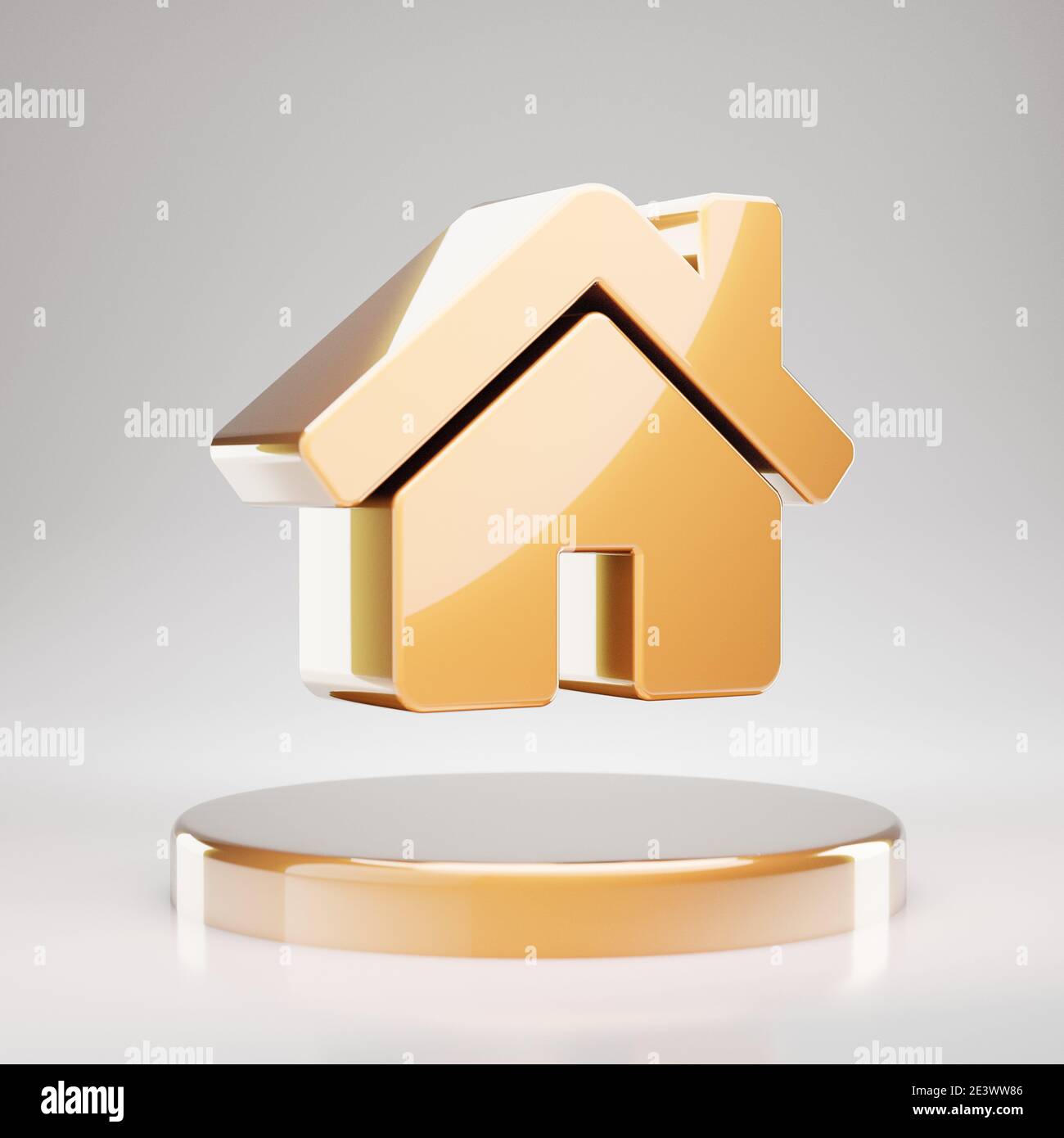 Home icon. Yellow Gold Home symbol on golden podium. 3D rendered Social ...