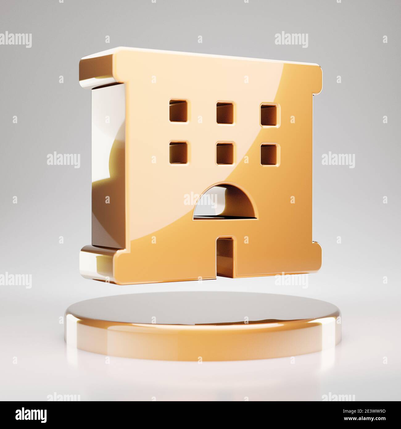 Hotel icon. Yellow Gold Hotel symbol on golden podium. 3D rendered ...