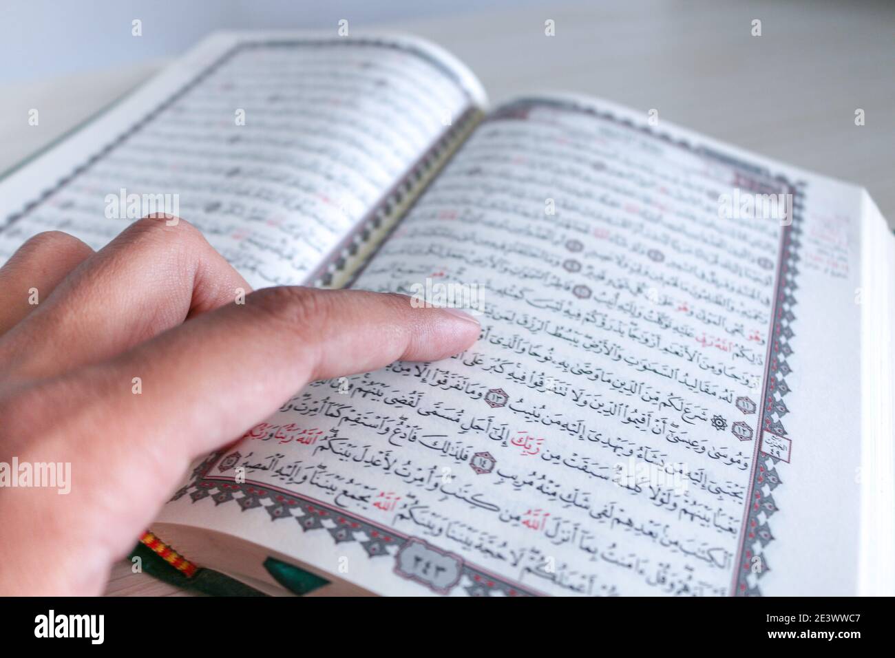 Close up of hand when reading the Holy Quran at the mosque. Selective ...
