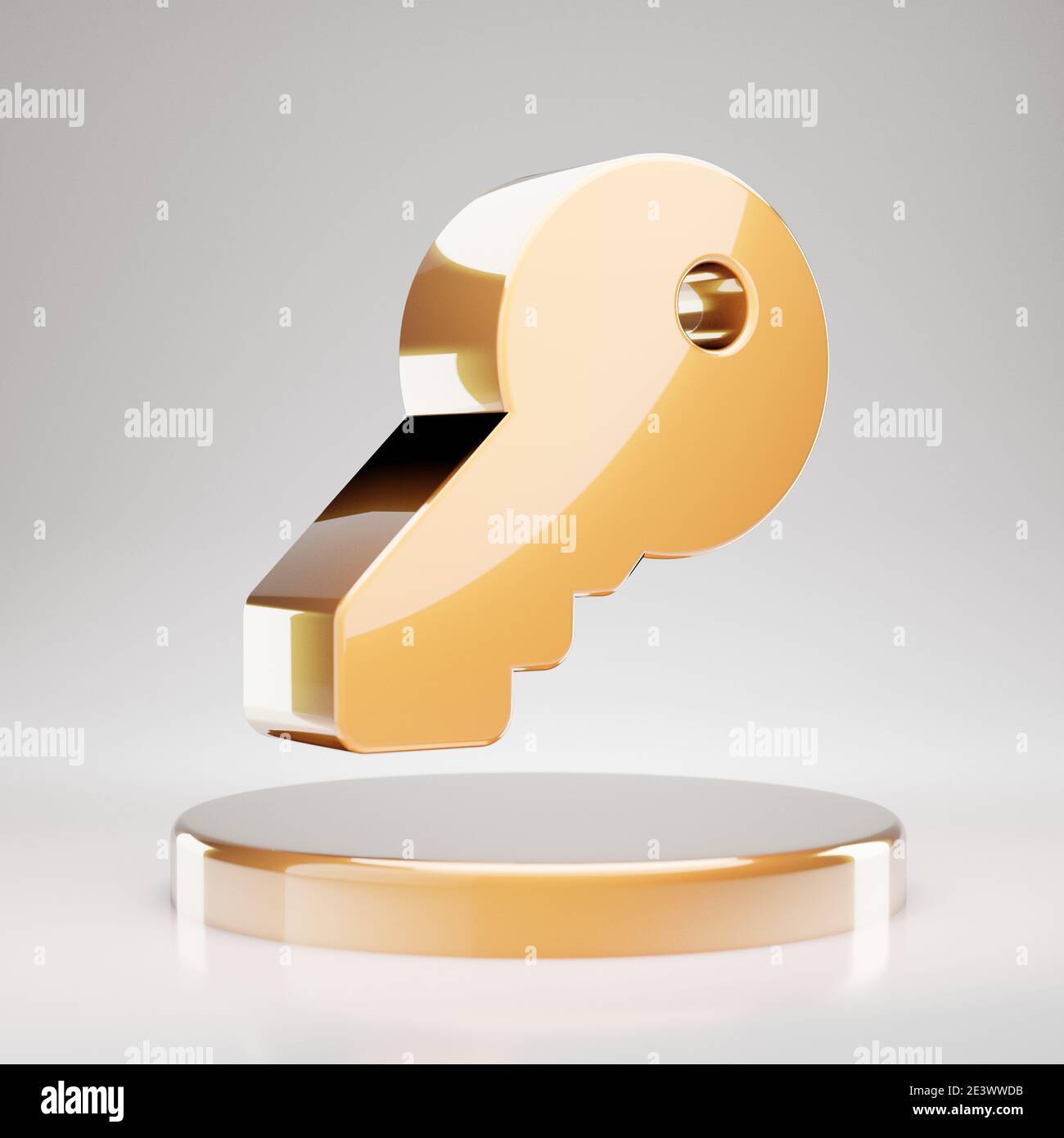 Key icon. Yellow Gold Key symbol on golden podium. 3D rendered Social ...
