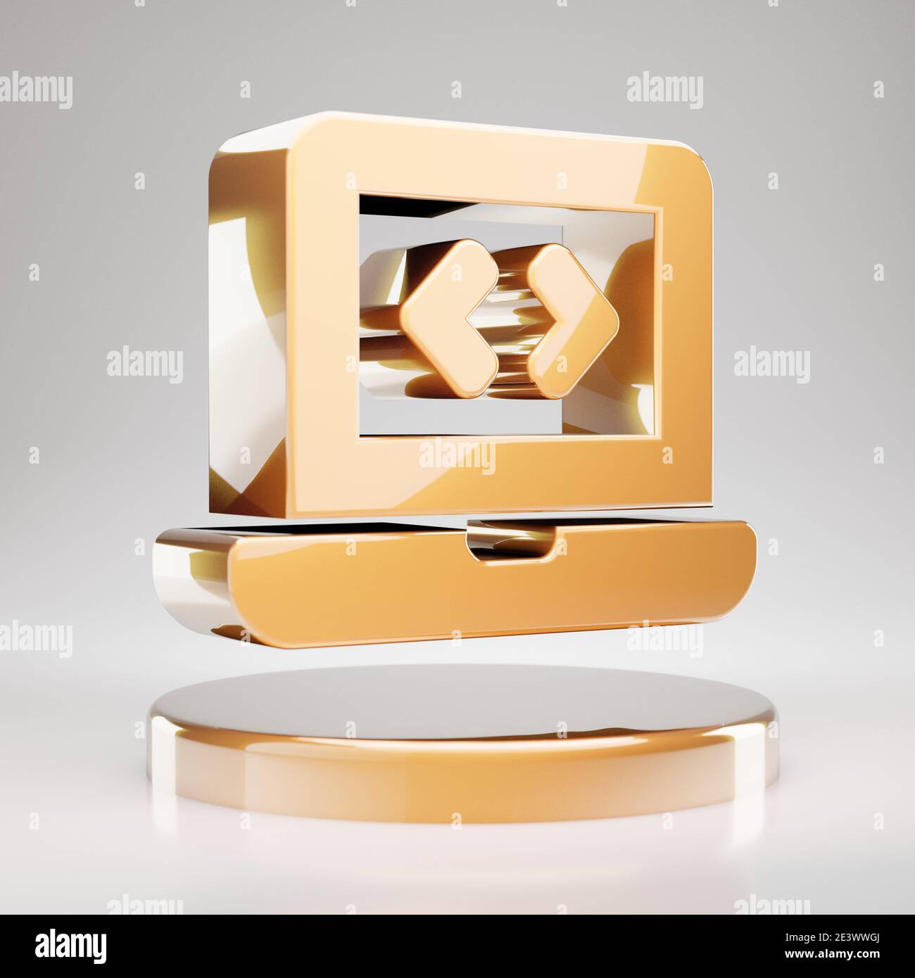 Laptop Code icon. Yellow Gold Laptop Code symbol on golden podium. 3D ...