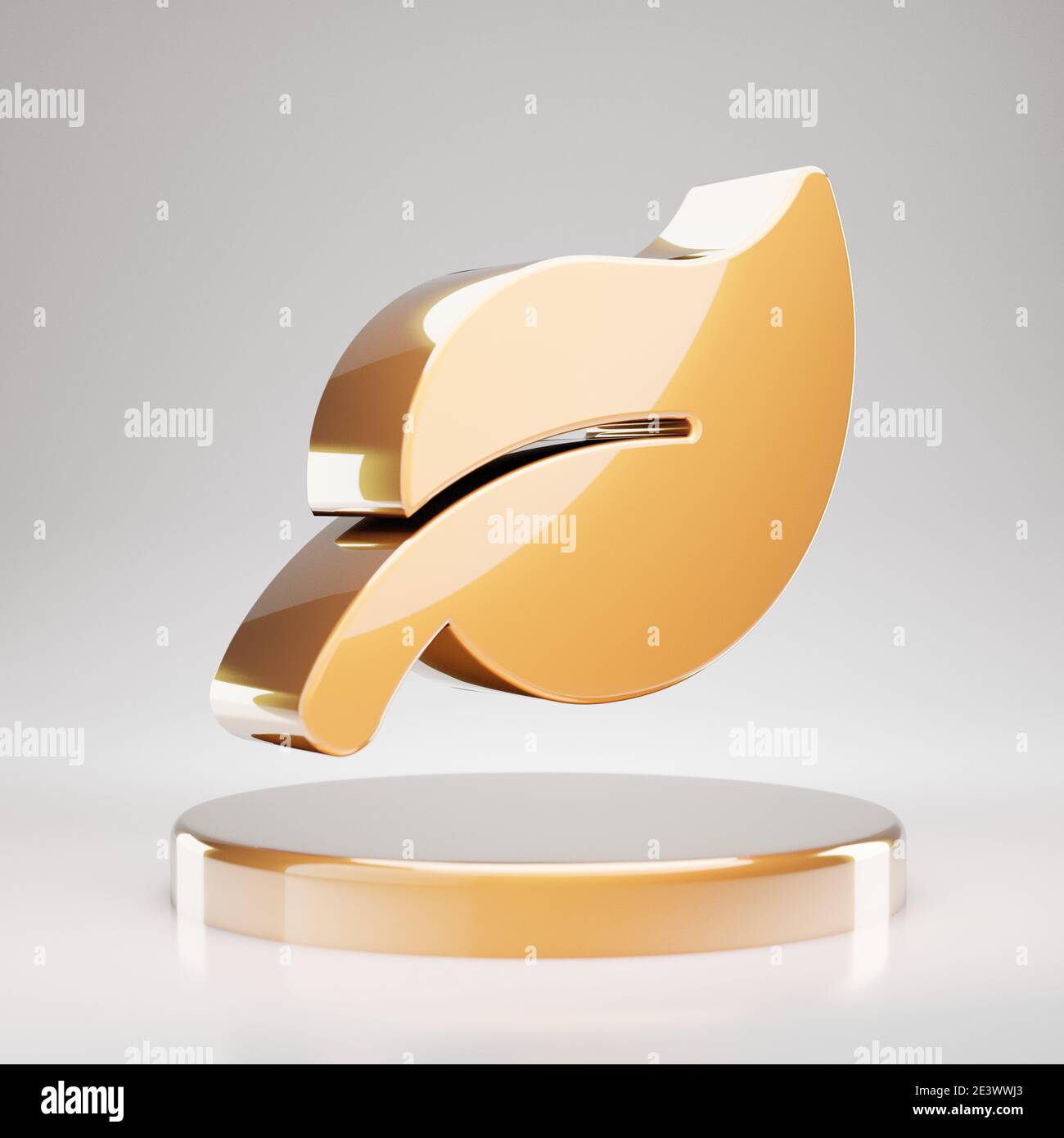 Leaf icon. Yellow Gold Leaf symbol on golden podium. 3D rendered Social ...