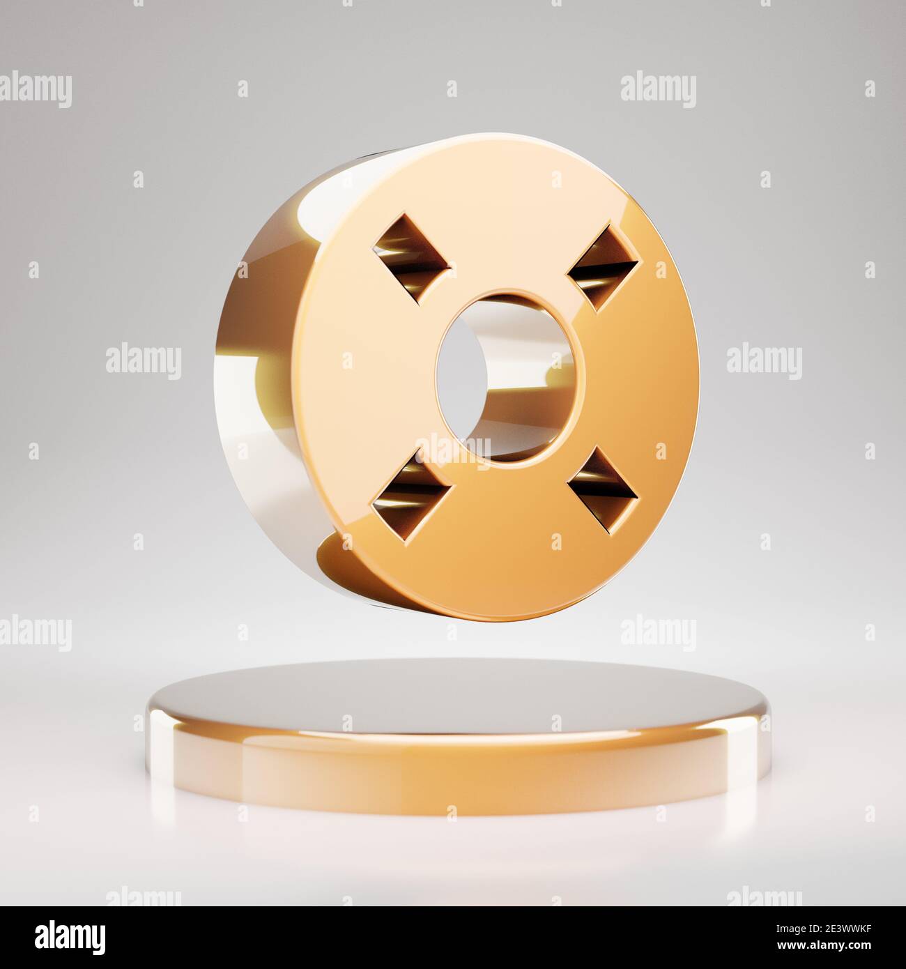 Life Ring icon. Yellow Gold Life Ring symbol on golden podium. 3D ...