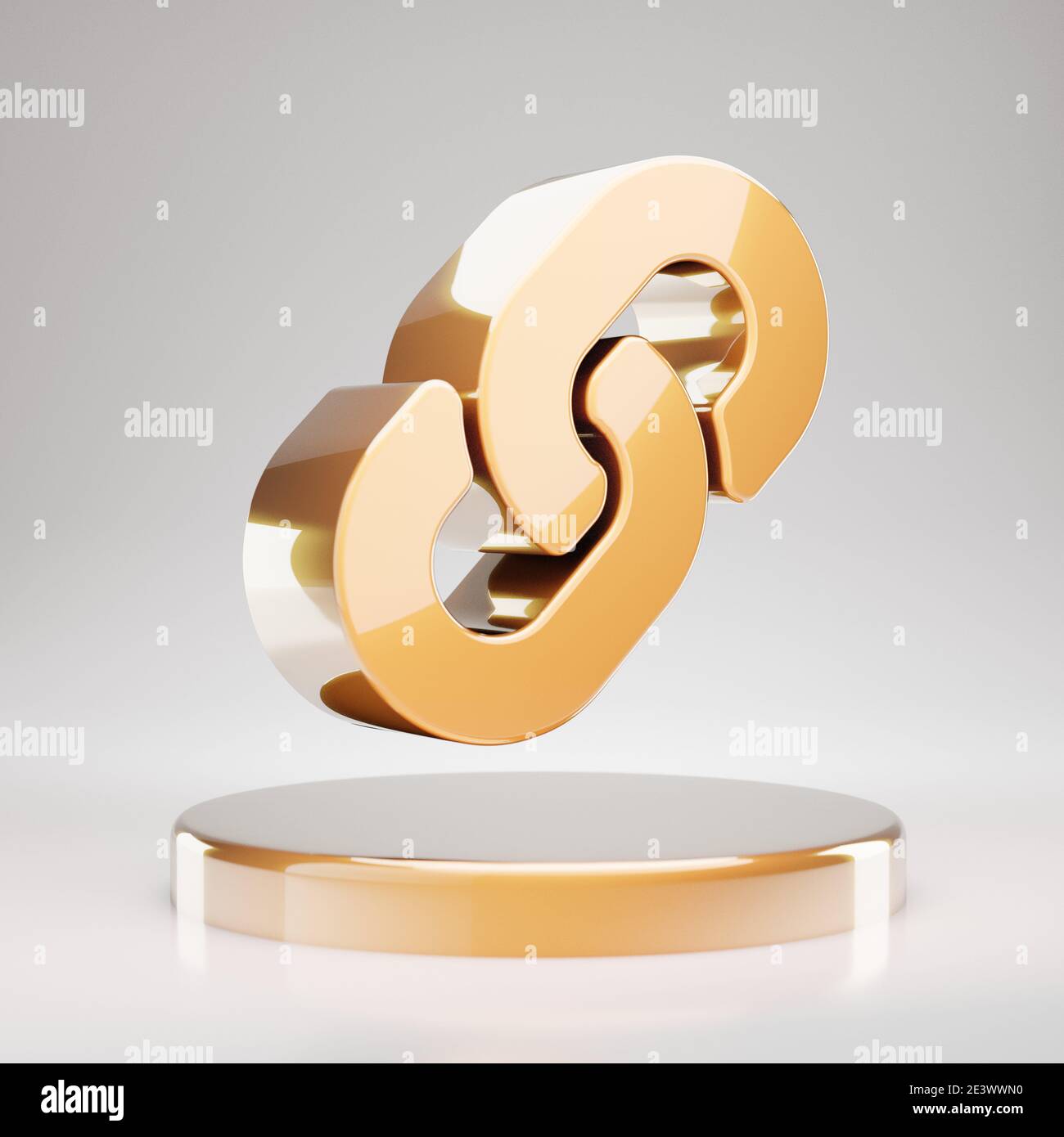 Link icon. Yellow Gold Link symbol on golden podium. 3D rendered Social ...