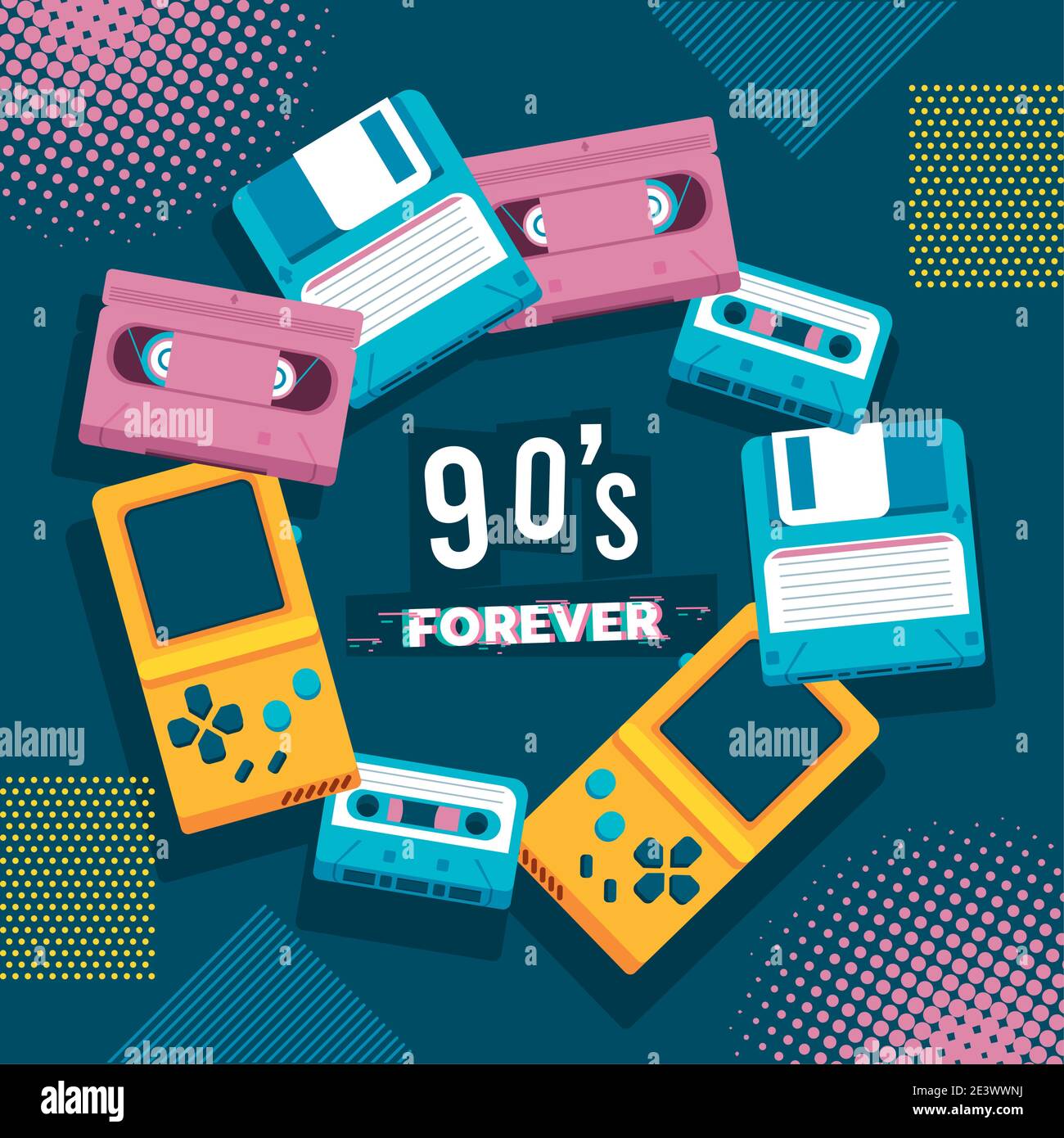 90s forever lettering with set icons around in blue background vector ...