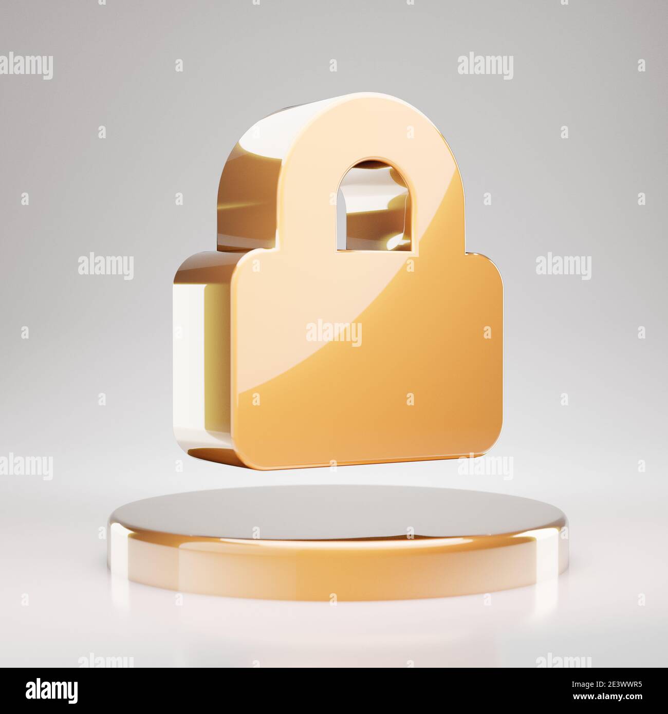 Lock icon. Yellow Gold Lock symbol on golden podium. 3D rendered Social ...