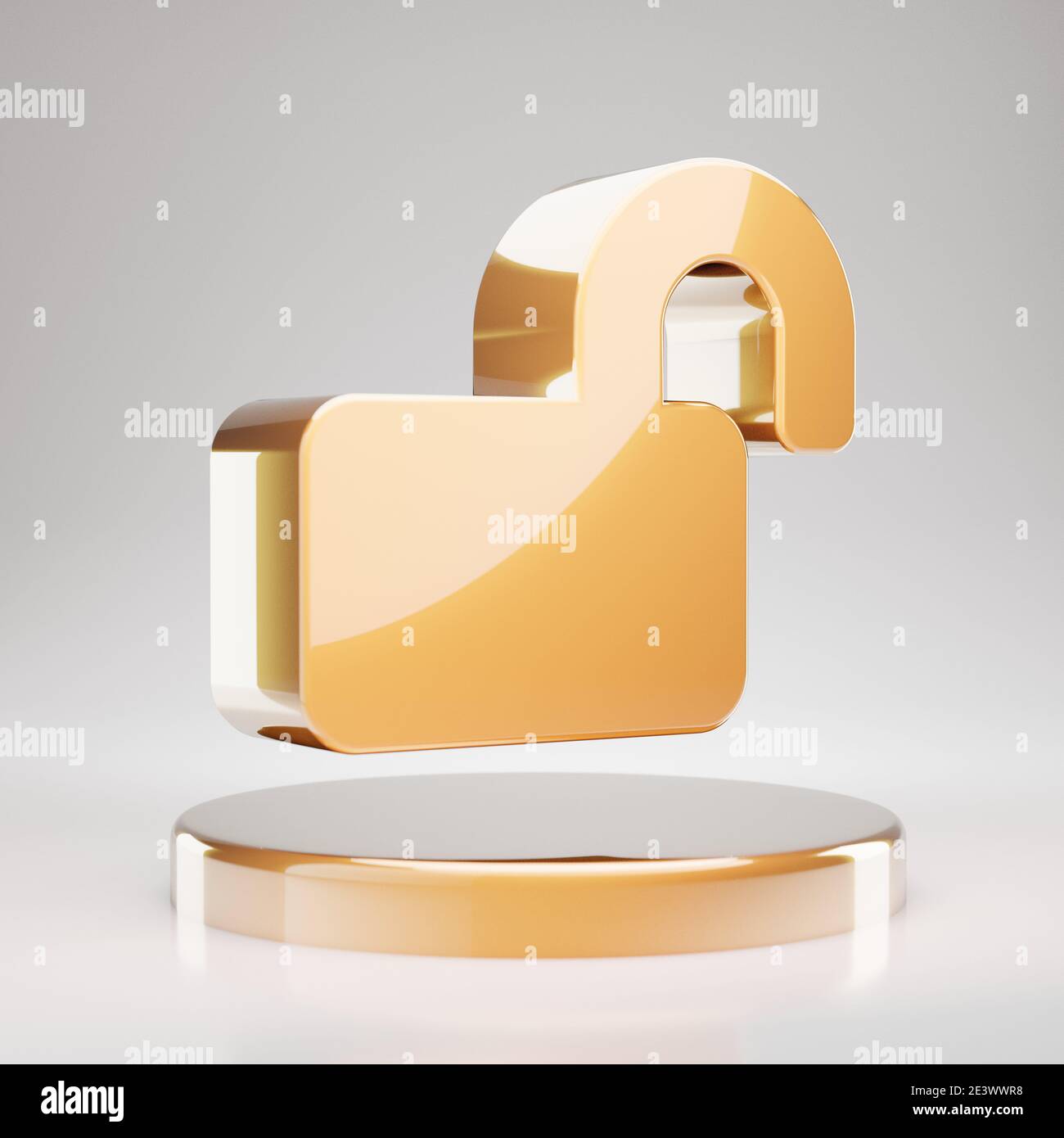 Lock Open icon. Yellow Gold Lock Open symbol on golden podium. 3D ...