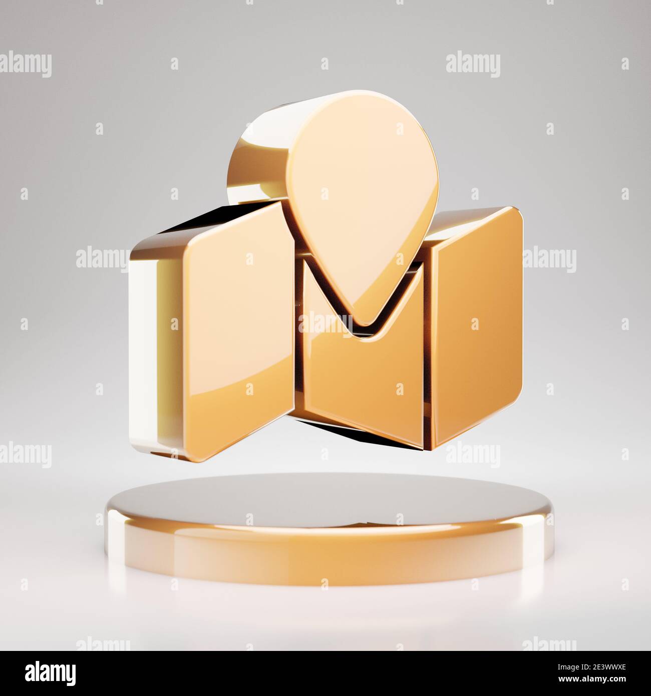 Map Marked icon. Yellow Gold Map Marked symbol on golden podium. 3D ...