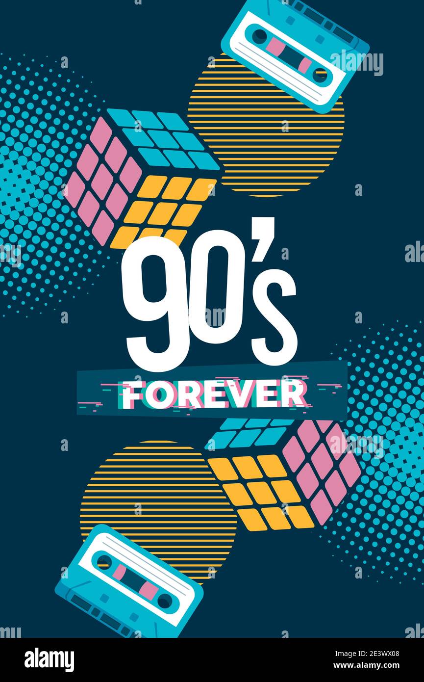 90s forever lettering with cassettes and rubik cubes in blue background ...
