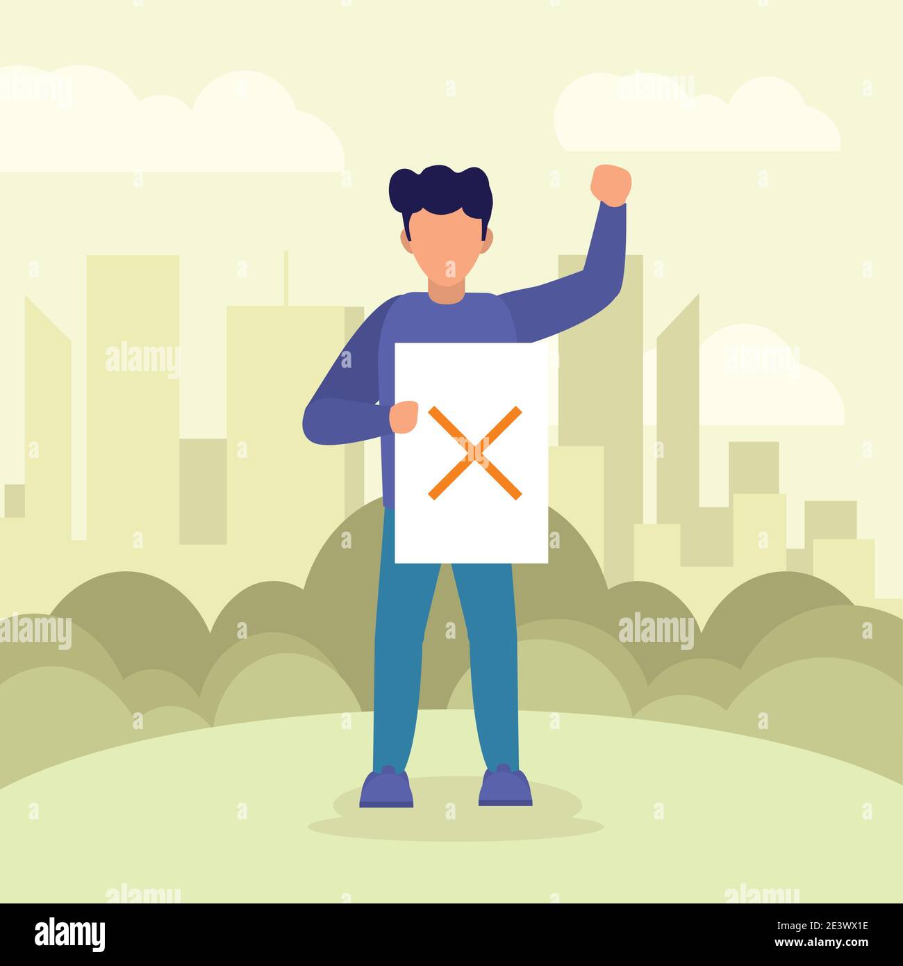 Protest man holding banner with cross design, Manifestation activist ...