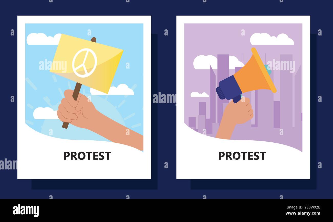 Protest banner and megaphone in frames design, Manifestation activist ...