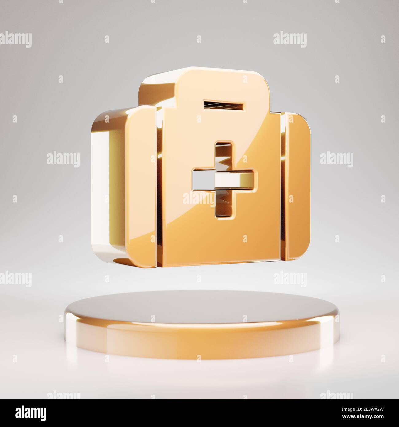 Medkit icon. Yellow Gold Medkit symbol on golden podium. 3D rendered ...