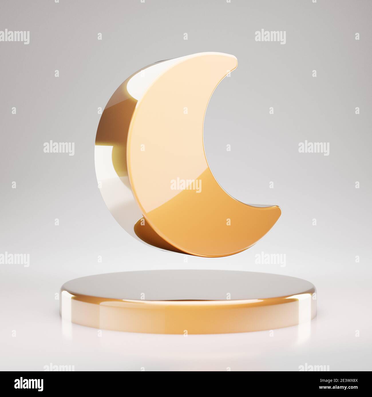 Moon icon. Yellow Gold Moon symbol on golden podium. 3D rendered Social ...