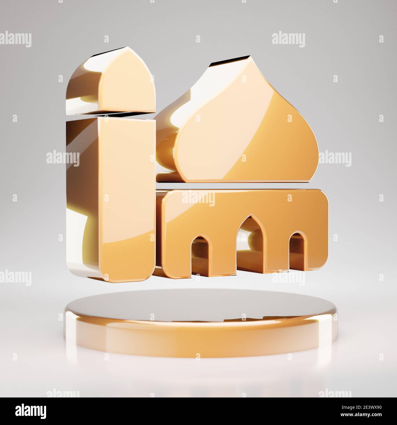 Mosque icon. Yellow Gold Mosque symbol on golden podium. 3D rendered ...