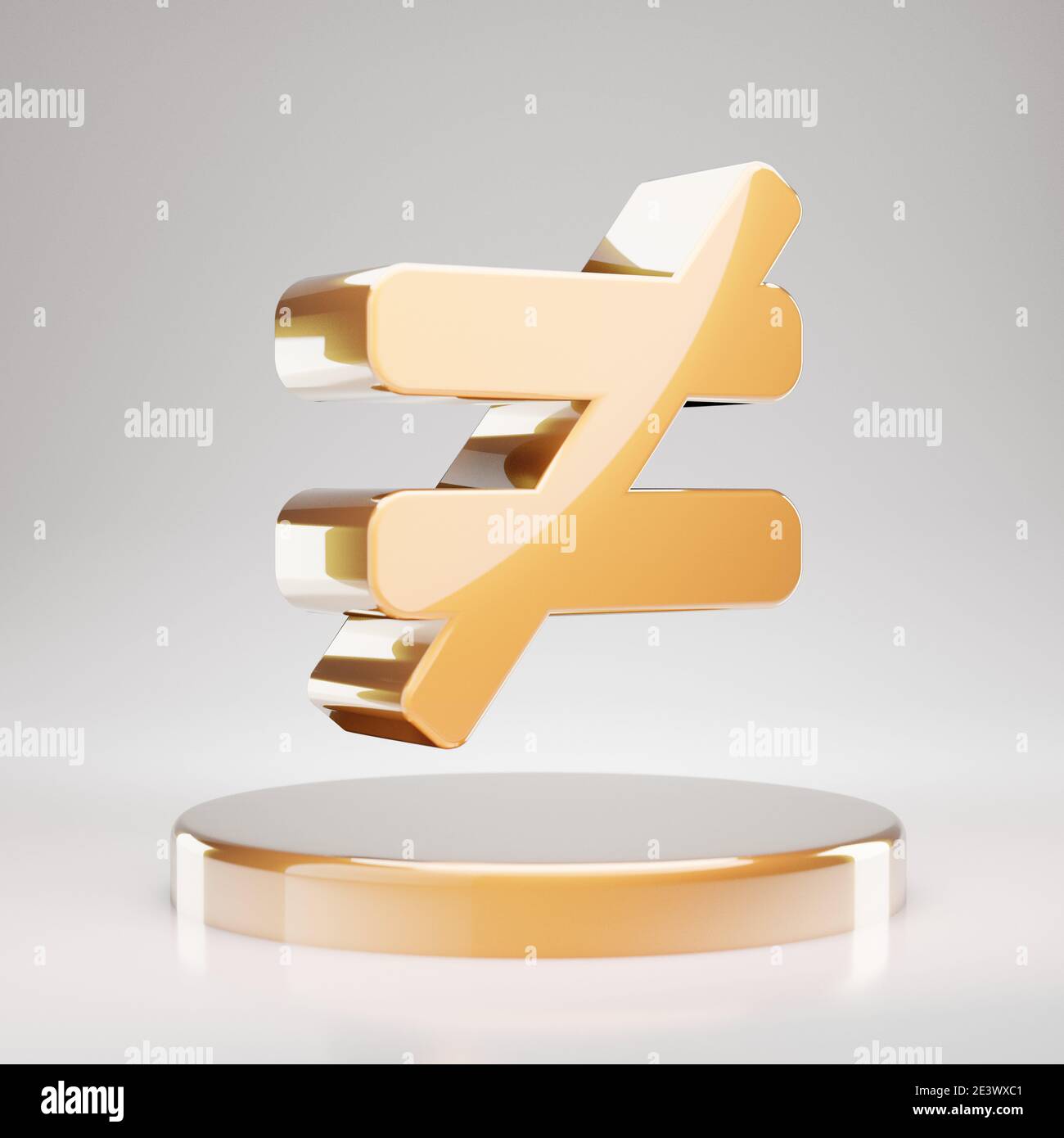 Not Equal icon. Yellow Gold Not Equal symbol on golden podium. 3D ...