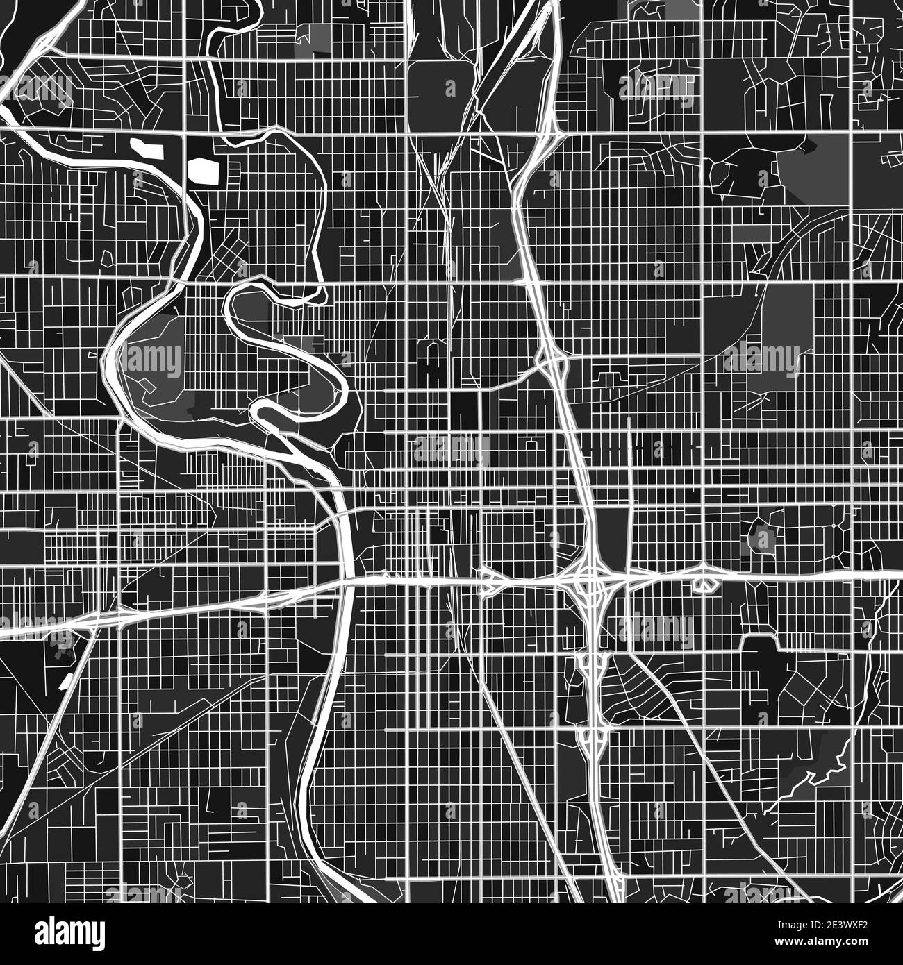 Dark vector art map of Wichita, Kansas, UnitedStates with fine gray ...