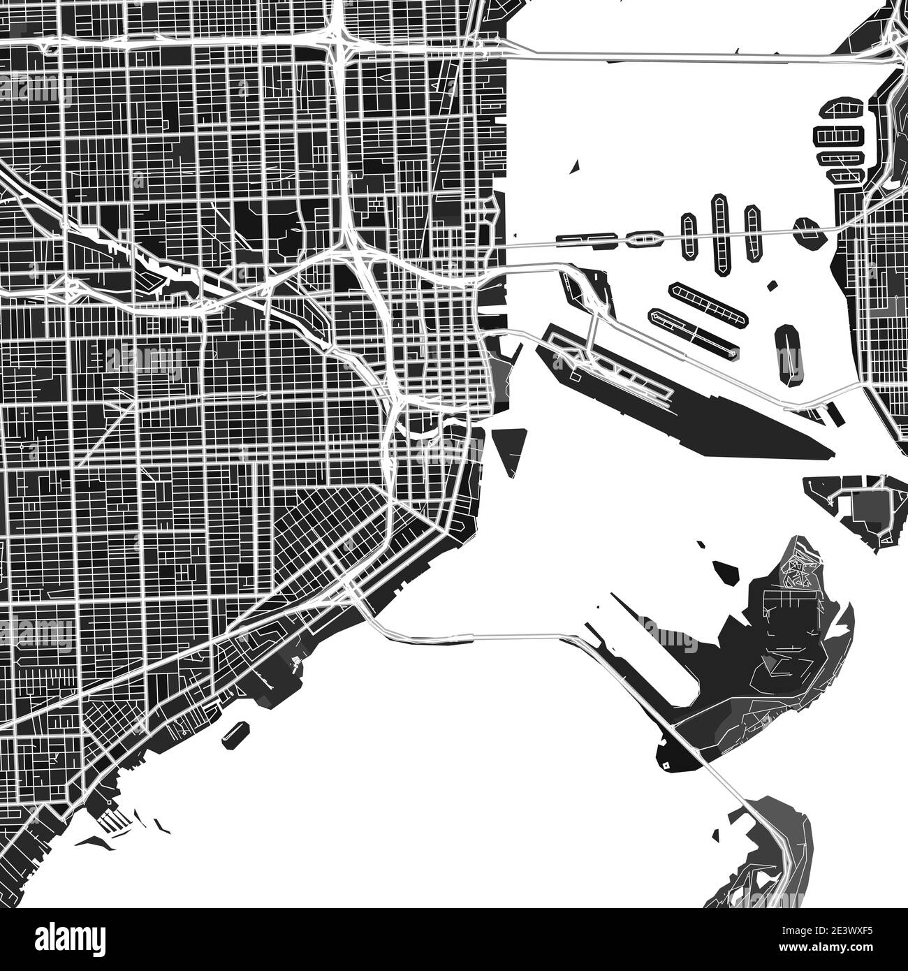 Dark vector art map of Miami, Florida, UnitedStates with fine gray ...