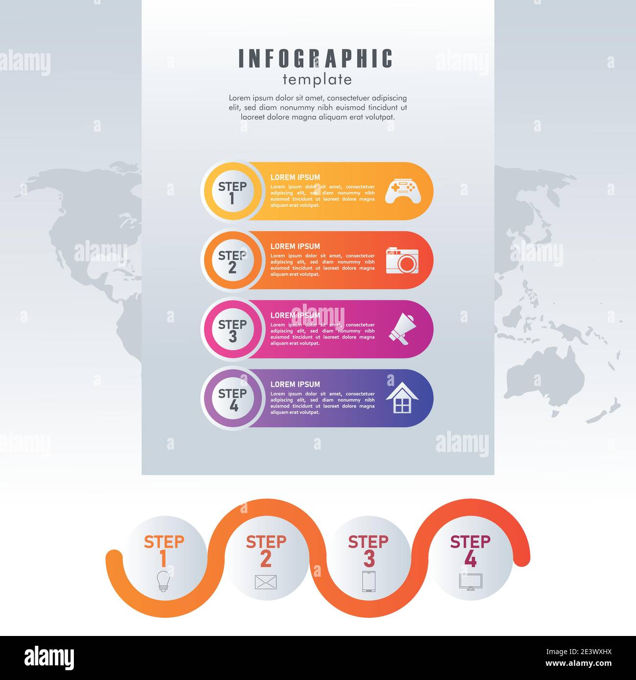 statistics infographics steps with earth maps in gray background vector ...